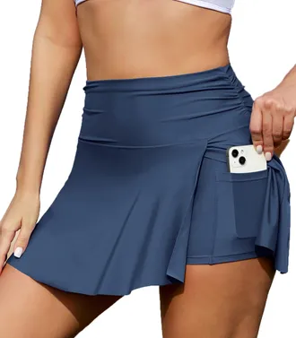 SHEKINI Badehose f&uuml;r Damen Baderock mit Shorts Hohe Taille Ruched Bauchkontrolle Bikinihose Split Schwimmrock Strandbikinis Bademode Bikinirock mit Taschen