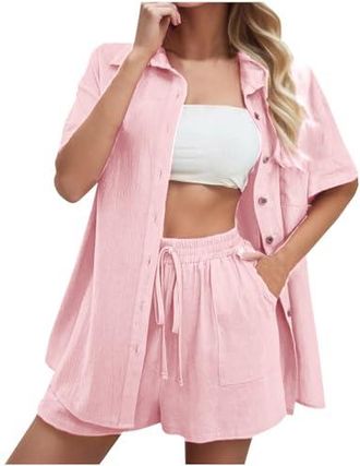 Generic Ensemble 2 pi&egrave;ces pour femme, v&ecirc;tements de d&eacute;tente, chemises surdimensionn&eacute;es et shorts assorties, tenue d&eacute;t&eacute; 2026, rose, M
