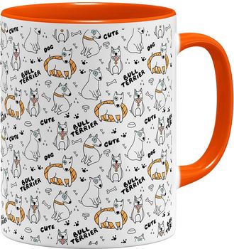 OM3 süße Kaffee-Tasse mit Bullterrier Tasse mit Hundemotiv Hund Bull Terrier | Keramik Becher | 11oz 325ml | Rundumdruck | Orange
