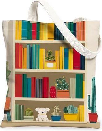 Generic Sacs fourre-tout en toile pour &eacute;tag&egrave;re &agrave; livres, motif v&eacute;g&eacute;tal color&eacute;, sacs d&eacute;picerie r&eacute;utilisables, l&eacute;gers et lavables avec bandouli&egrave;re C, beige, 13x