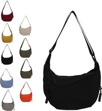 Generic Sac à bandoulière, sac besace en nylon de couleur unie pour femme, sangle réglable, séparateur intérieur, Noir, One size