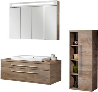 Fackelmann stanford Badmöbel Set 4-teilig, 110 cm breit, Braun, Keramik+Spiegelschrank+Midischrank-90338145
