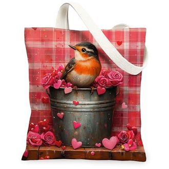 Generic Sac fourre-tout en toile r&eacute;utilisable pour le shopping 33 x 38 cm, motif coeur &agrave; carreaux pour la Saint-Valentin, d&eacute;coration cadeau