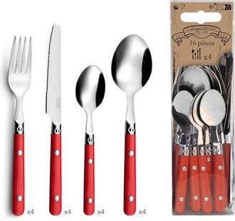 Amefa Besteck SAXO, Tafelbesteck f&uuml;r 4 Personen, Edelstahl Kunststoff 18/0, rot, 16-teilig
