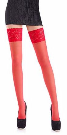 Romartex Bas autofixants transparents en &eacute;lasthanne 20 DEN avec dentelle, 17 couleurs, tailles S-XXL (Small, Rouge)