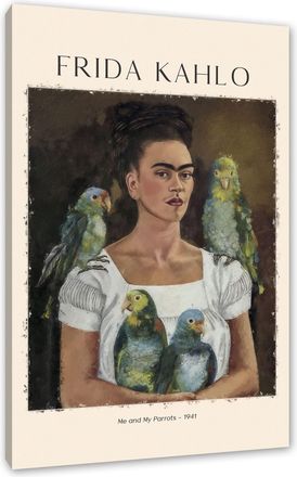 Pixxprint Art Portrait - Frida Kahlo - Ich und meine Papageien als, Größe: 100x70cm, Leinwandbild, fertig gespannt, Wandbild, Dekoration, Kunstdruck, kein Poste