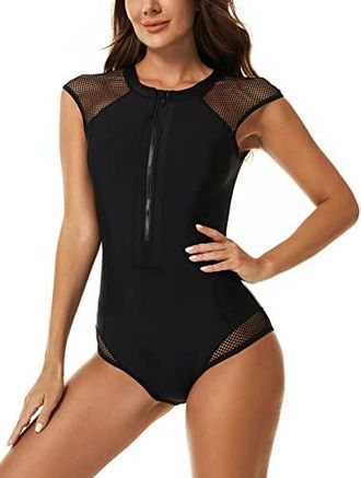 Feoya Maillot de Bain Femme 1 Pieces sans Manches Maillot Rashguard avec Fermeture Eclair Combinaison Combishort de Natation Surf Couleur 3 XXL