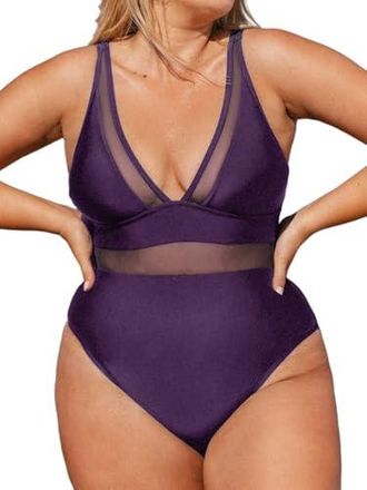 Cupshe Maillot de bain une pièce grande taille pour femme avec col en V et maille transparente contrôle du ventre avec bretelles larges réglables, Couleur vi