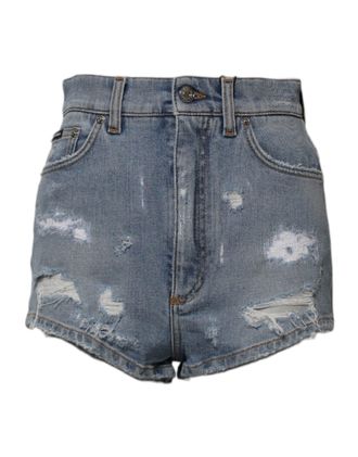 Dolce & Gabbana Womens Blue Tattered Denim Cotton Hot Pants Shorts Elastane