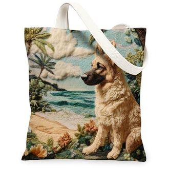 Generic Sac fourre-tout fantaisie en toile motif berger allemand 33 x 38,1 cm, sac d&eacute;picerie r&eacute;utilisable pour femme, peinture danimaux domestiques, d&eacute;coratio