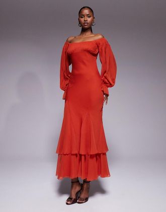 Asos Bardot-Maxikleid in Rot mit R&uuml;schen, gestuften Godet-Details und Blouson&auml;rmeln