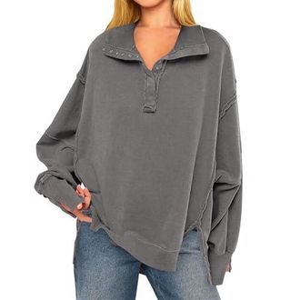 Generic Sweat-shirt &agrave; boutons &agrave; manches longues pour femme - Tunique dautomne tendance et d&eacute;contract&eacute;e - Coupe ample, gris, XL