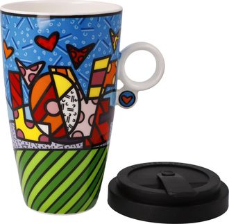 GOEBEL Künstlertasse mit Deckel Pop Art Love von Romero BRITTO aus Fine Bone China, Größe: 12x8,5x15 cm, 66-453-11-1, Bunt