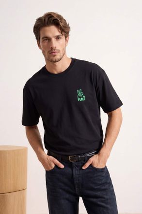 Trendyol MAN Herren Schwarz Slogan Kurz Oversize T-Shirts