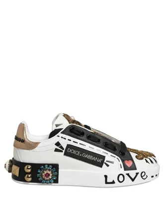 Dolce & Gabbana Womens White Gold Studded Portofino Sneakers Shoes Calf Leather