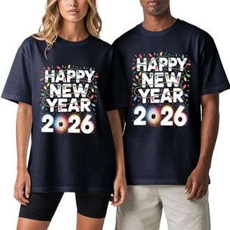 Generic Chemises du Nouvel An pour couples - Happy New Year 2026, T-shirt &agrave; manches courtes et col rond pour femmes | pour voyage, bleu marine, 4XL