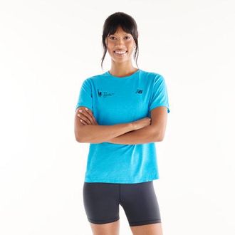New Balance Damen NYC Marathon RC Essential T-Shirt in Blau, Poly-Strick, Gr&ouml;&szlig;e XS