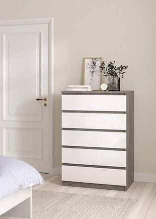 Dmora Kommode Georgette, Mehrzweckkommode, Schlafzimmerkommode, Schrank mit Schubladen, 77x50 h111 cm, Zement und Wei&szlig;