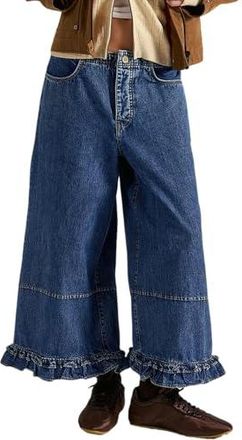 Generic Jean large &agrave; taille &eacute;lastique &agrave; volants pour femme - Pantalon baggy d&eacute;contract&eacute; avec poches - Pantalon large pour femme, noir fonc&eacute;, XL