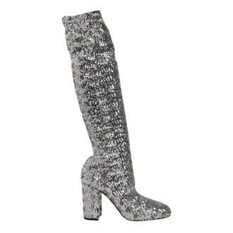 Dolce & Gabbana Silberne Pailletten Glitzer High Heel Stiefel - - Shoes - Damen - Grau - 37 1/2 EU