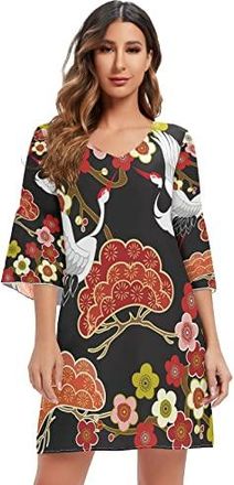 Mnsruu Crane Flower Mini robe japonaise en mousseline de soie à manches 3/4 et col en V pour femme, Multicolore, XL-XXL