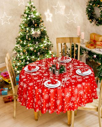 Emma Barclay Weihnachtstischdecke, rund, maschinenwaschbar, Weihnachts-Tischdecke in Rot mit silbernem Schneeflocken-Design, 160 cm, rund