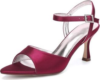 Generic Chaussures De Mariage Sandale À Talon Aguilles pour Femme Mariée Satinée Ouverte Bride Cheville Soiree Talons Hauts 7Cm,Wine Red,36 EU