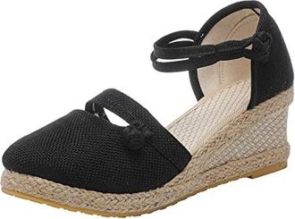 Generic Sandales pour femmes - Espadrilles dété pour femmes - Sandales compensées à plateforme - Mode polyvalente en lin tressé Chaussures respirantes - Bout 