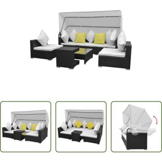 vidaXL Rattan - 7-tlg. Garten-Lounge-Set mit Sonnendach Poly Rattan Schwarz