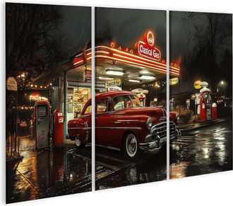 Islandburner Bild auf Leinwand Klassische Tankstelle bei Nacht mit rotem Oldtimer f&uuml;r Wohnzimmer Oldtimerliebhaber Kunst Bilder Wandbilder Poster
