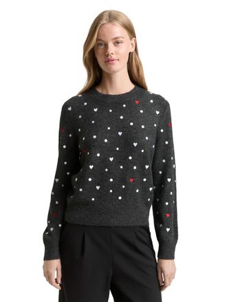 Tom Tailor Damen 1049088 Relaxed Fit Strickpullover mit Stickereien, 39414-Grey White Dots and Hearts, XXL
