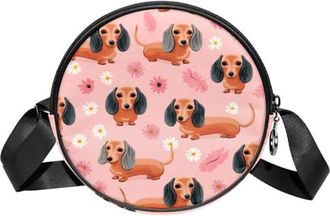 Generic Petit sac &agrave; bandouli&egrave;re circulaire pour femme, motif teckel, floral, sac &agrave; dos &agrave; bandouli&egrave;re avec fermeture &eacute;clair, bretelles r&eacute;glables, sac &agrave; main ro