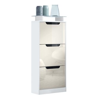 Vladon Schuhschrank Space V2, Schuhkipper f&uuml;r 12 Paar Schuhe mit 3 Klappen und Glasablage, Wei&szlig; matt/Creme Hochglanz (46 x 128 x 23 cm)