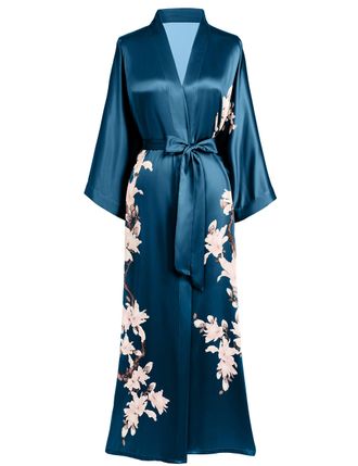 Babeyond Damen Morgenmantel Kimono Blumen Zweig Gedruckt Maxi Lang Damen Bademantel Birnenblumen Strandjacke Braut Junggesellinnenabschied Party Schlafmantel