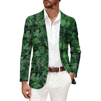 Generic Blazer en velours côtelé pour homme - Veste formelle pour la Saint-Patrick avec motif trèfle porte-bonheur - Simple boutonnage - Manches longues - Cou