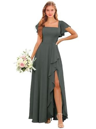 Generic Robe de demoiselle dhonneur à manches courtes en mousseline de soie avec fente et col carré, robe dinvitée de mariage, robe formelle pour mariage, gri