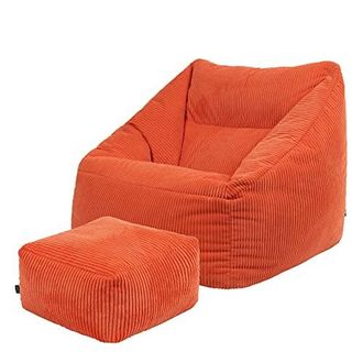 Icon Brand Natalia Sitzsack Sessel mit Hocker f&uuml;r Erwachsene, Orange, Flauschiger Cord Stoff, Riesen Sitzsack Cord mit F&uuml;llung, Bean Bag Chair, Bequemer Sessel W