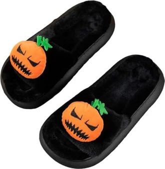 Generic Pantoufles plates dHalloween en peluche pour femme - Couleur contrast&eacute;e - Pantoufles dint&eacute;rieur pour femme, Noir, 39 EU