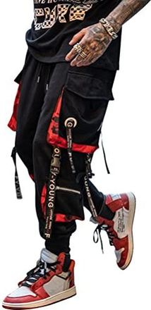 ORANDESIGNE Homme Pantalon Cargo Casual Pantalon Survêtement Hip Hop de Travail Streetwear Tactique A Noir S