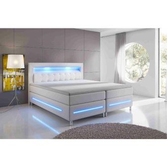 Furnix Boxspringbett Hailyn 3 180/200 cm mit Metallfüße und LED ohne Bettkasten Eco Leder weiß