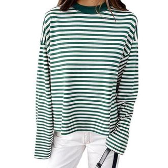 Generic Chemise ray&eacute;e &agrave; manches longues pour femme Y2K surdimensionn&eacute;e col rond vintage automne-hiver &eacute;paules tombantes mignon pull preppy, t-shirts, Vert, XL