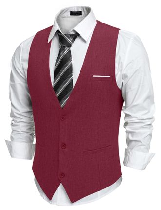 Coofandy Herren Anzugweste Anzug Weste Elegant Ärmellose Weste Hochzeitsweste Businessweste Gilet Suit Vest V-Ausschnitt Herrenwesten Frackweste Weinrot 3XL