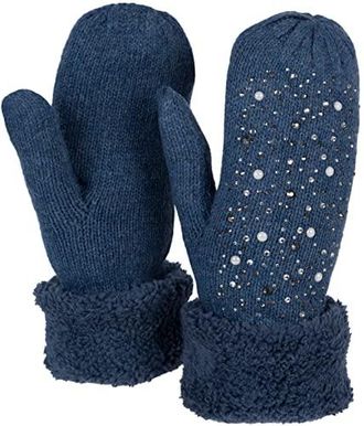 styleBREAKER Femmes moufles chaudes dhiver en tricot avec strass et perles, gants, thermo polaire, gants tricot&eacute;s 09010039, couleur:Bleu jeans