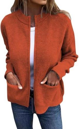 Generic Veste tricot&eacute;e &agrave; col rond avec poches, pull &agrave; fermeture &eacute;clair solide pour femme, cardigan en tricot zipp&eacute; ouvert sur le devant, Orange, 4XL