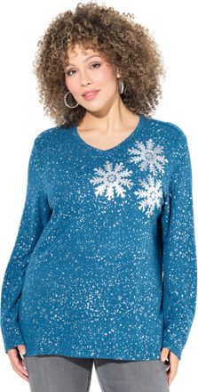 Ulla Popken Damen große Größen Übergrößen Plus Size Sweatshirt, Schneeflocken, V-Ausschnitt, Langarm