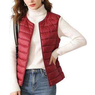 Generic Doudoune sans manches pour femme, grande taille, l&eacute;g&egrave;re, courte, sans col, zipp&eacute;e, compressible, rouge bordeaux, 5XL