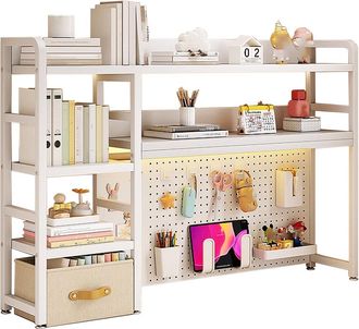 Generic Schreibtischregal Computer mit Stoffschublade Platzsparend Bücherregal Schreibtisch Organizer 94 cm Höhe Hohe Tragkraft für Home Office, Wohnung(White