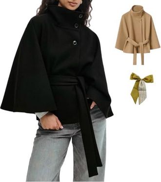 Generic Womens Batwing Sleeve Poncho Peacoat,Oversized Wool Blend Poncho Cape with Belt,Elegant Stand Collar Winter Cropped Overcoat (FR/ES, Alpha/lettres, M,