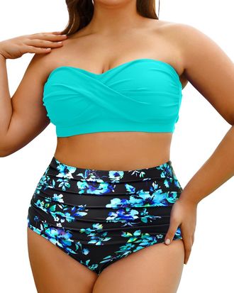Yonique Zweiteiliger Damen-Badeanzug, &Uuml;bergr&ouml;&szlig;e, hohe Taille, Bandeau-Bikini, Bauchweg-Badeanzug, 18 Plus