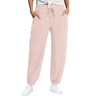 Generic Nuoke pantalon fluide femme &eacute;t&eacute;,Pantalon large en lin pour, d&eacute;contract&eacute;, ample, taille haute, pour la plage, avec poches Short Pyjama Carreaux (Pink, 